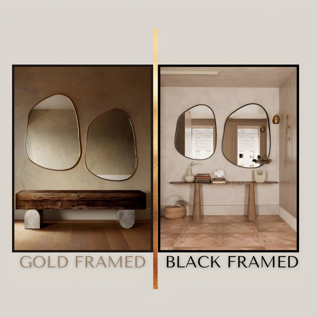 Set of Asymmetrical Gold Mirror İrregular Black Framed Shaped Wall ...