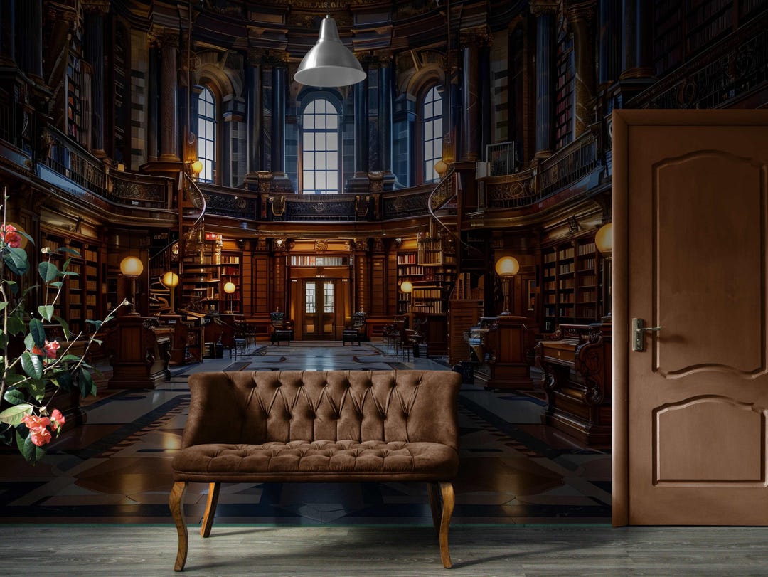 Grand Library, Vintage Bookcase Wallpaper for Walls, Classic Textured ...