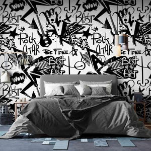 Rock and Roll Graffiti Wallpaper – Black and White Music-themed Wall ...