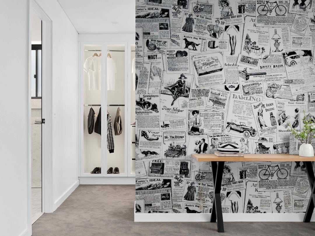 Retro Newspaper Wallpaper Black & White Textured or Peel and Stick ...