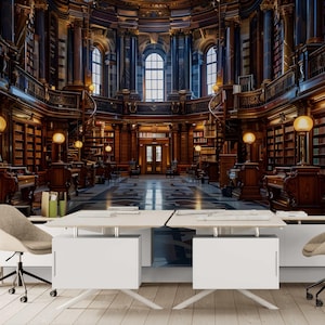 Grand Library, Vintage Bookcase Wallpaper for Walls, Classic Textured ...