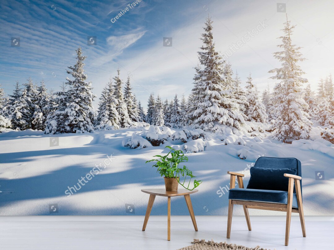 Peel and Stick Mural Winter Wall Paper Snow Tree Wallpaper Spase ...