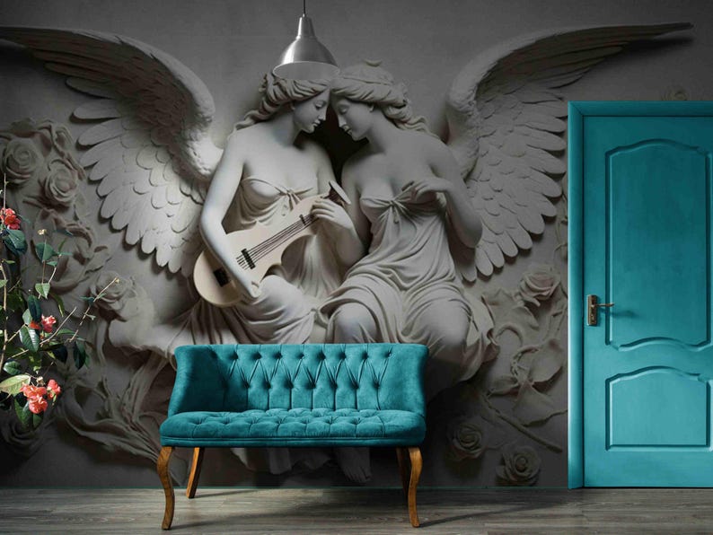 3D Embossed Wallpaper - Angel Living Room Bas-relief Baroque Mural ...
