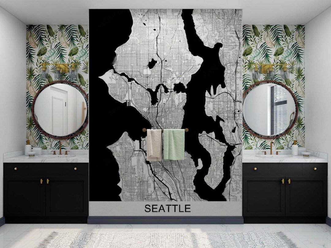 SEATTLE City Map Wallpaper, Modern Wall Art, Map Wall Mural Peel and ...