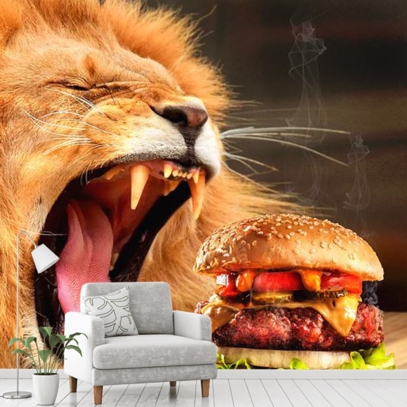 Fast Food Wallpaper Lion Eating BURGER Wall Mural Kitchen - Etsy