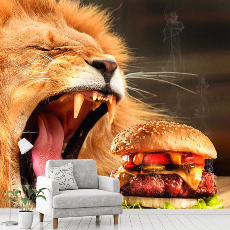 Lion Eating Burger Wallpaper Mural, Fast Food Wall Decal - Etsy
