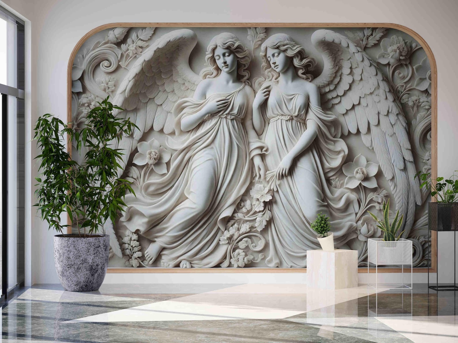 3D Angel Bas-relief Wallpaper, Baroque Stucco Effect Wall Mural Decal ...