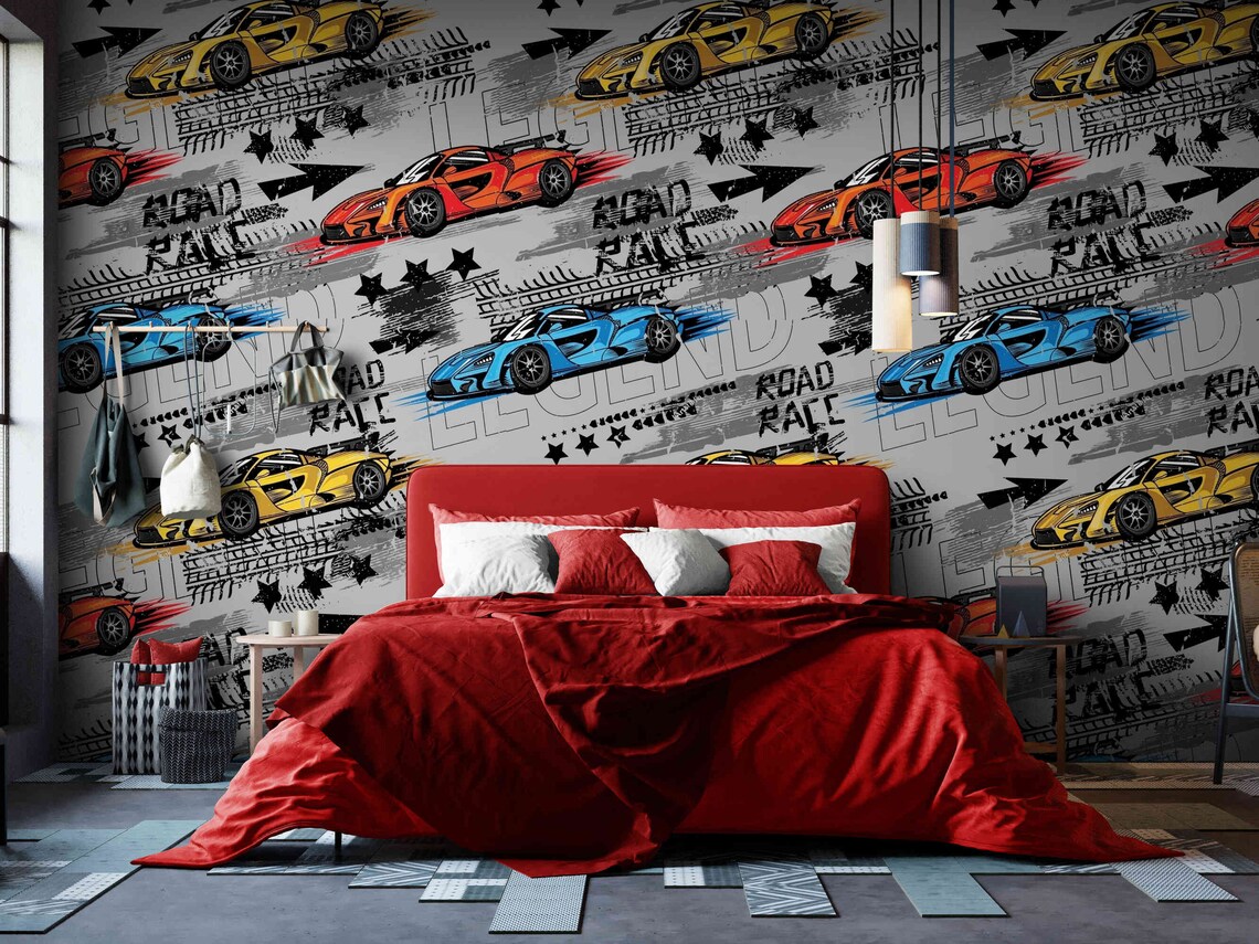 Colorful Cars Wallpaper Mural for Boys Bedroom Wall Covering - Etsy