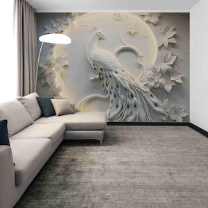 Embossed Stucco Bas-relief Wallpaper Mural Peacock, Decorative 3D Wall ...