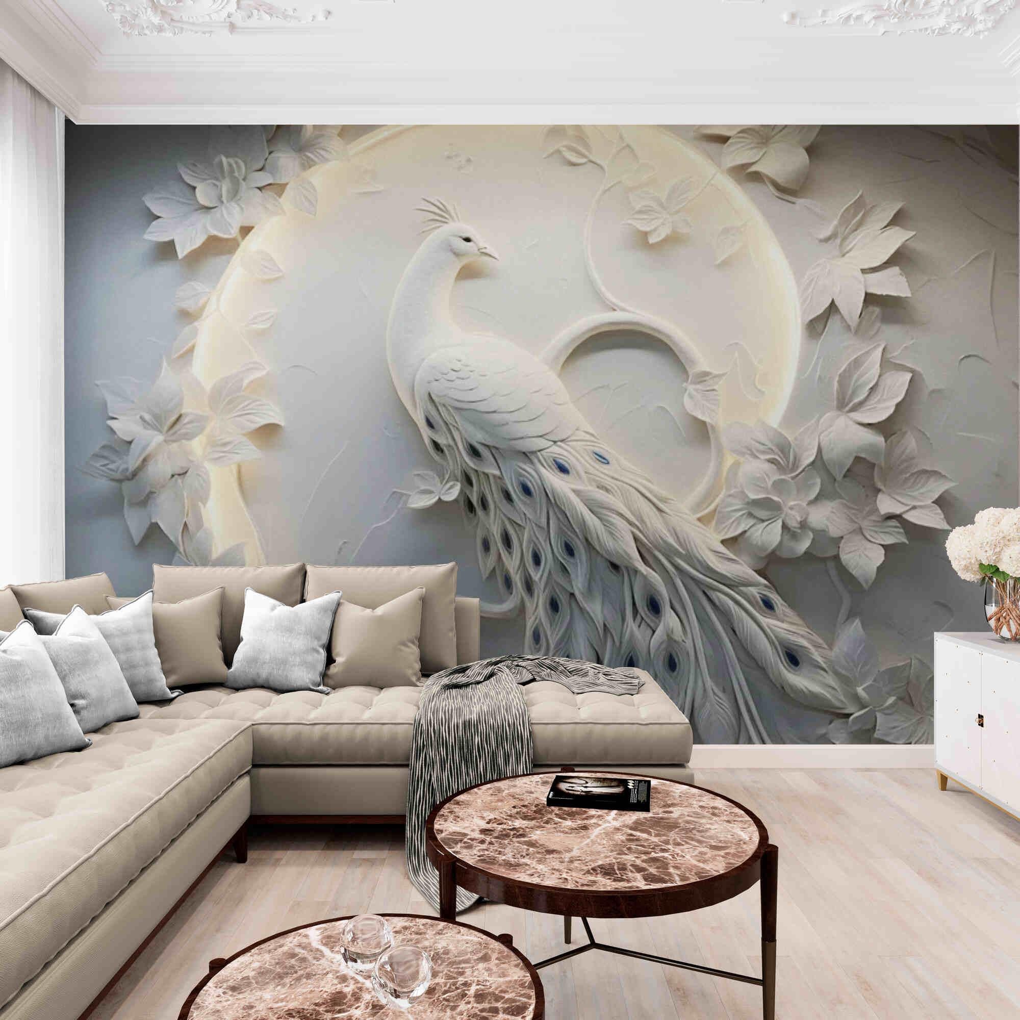 Embossed Peacock Wallpaper Mural, 3D Stucco Bas-relief, Baroque ...