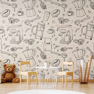 Coffee Shop Mural Wallpaper Seamless Pattern Decor Fabric Wall Covering ...