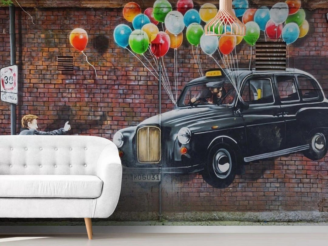Graffiti Taxi Balloon Wallpaper – Urban Street Art Mural With Flying ...