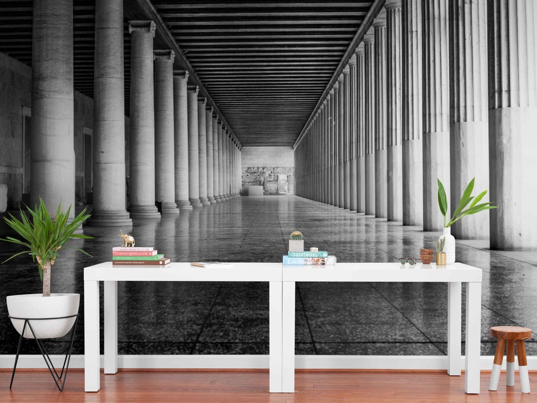 3D Columns Mural BW, Monochrome Column View Black White 3D Wall Decor ...