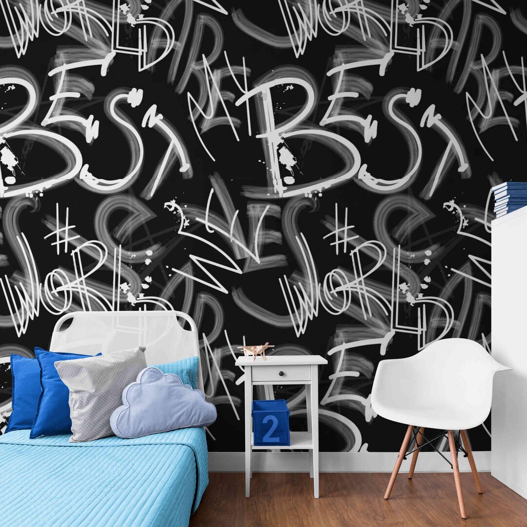 Graffiti Style Wall Mural – Black & White Lettering Wallpaper – Peel ...