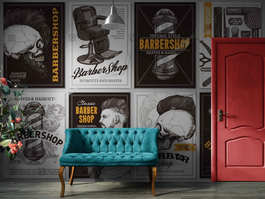 Barber Shop Wall Mural Wallpaper Peel and Stick Barber Design Men's ...