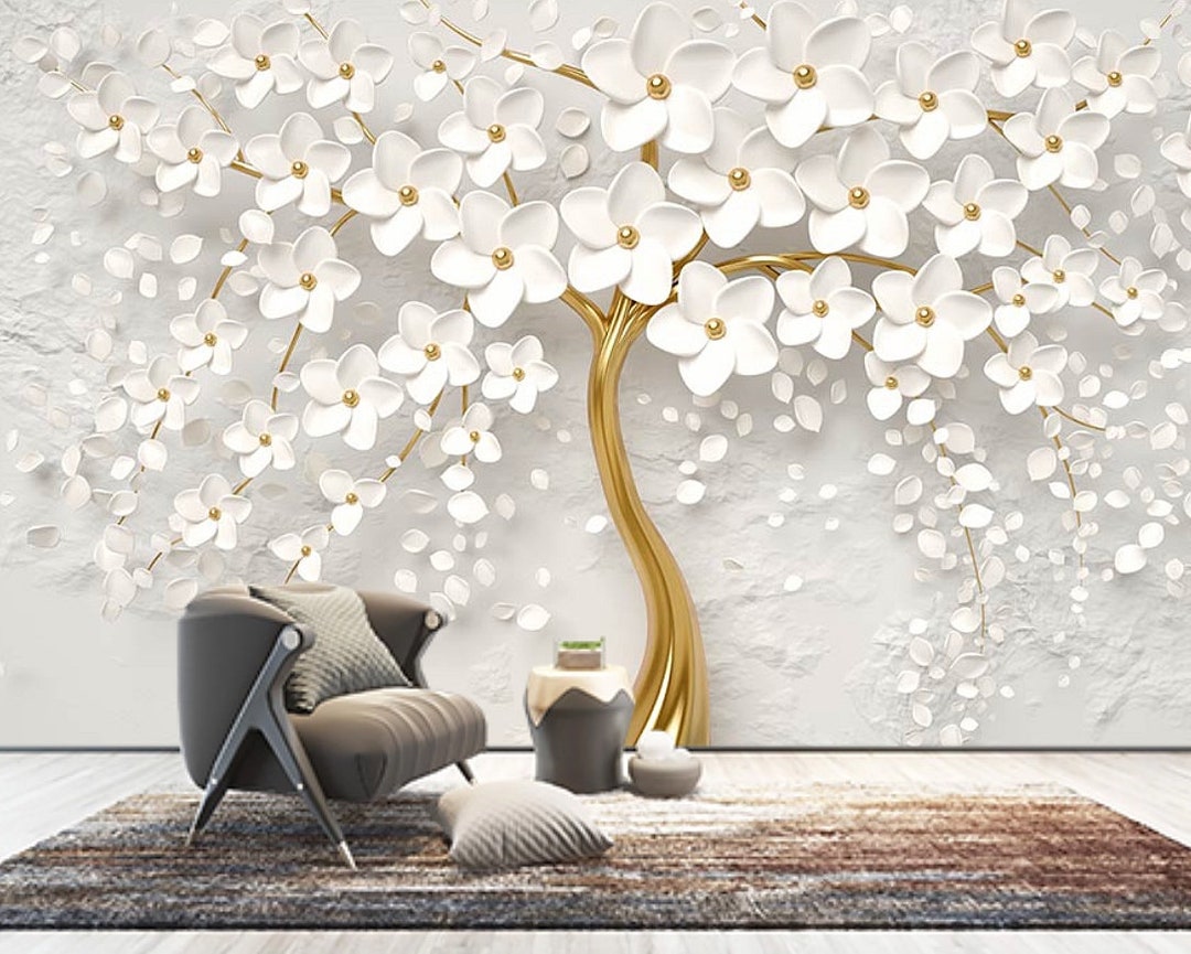 3D Custom Wallpaper Embossed White Flowers Trees Wallpaper Wall Mural ...