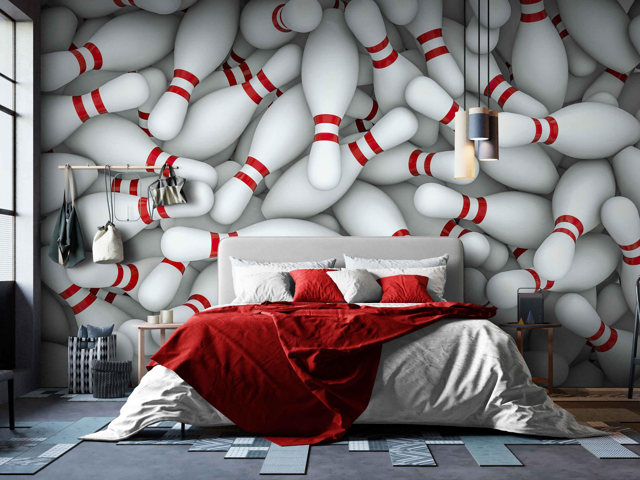 3D Bowling Pins Wallpaper Mural, Sporty Game Room Wall Decor for ...
