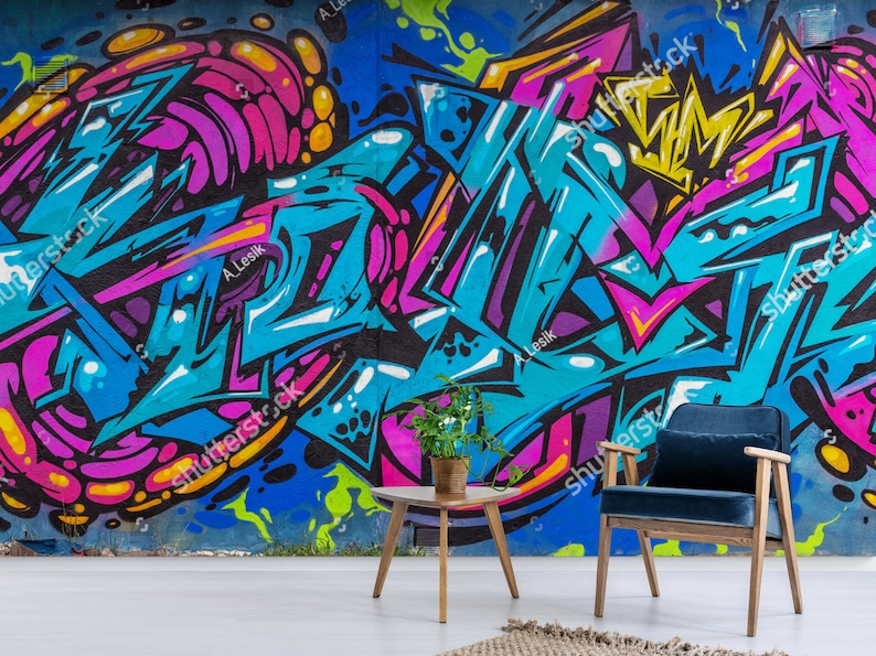 Blue Graffiti Wallpaper, Peel and Stick Street Art Mural - Etsy Portugal