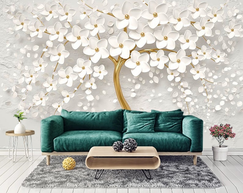 3D Custom Wallpaper Embossed White Flowers Trees Wallpaper - Etsy