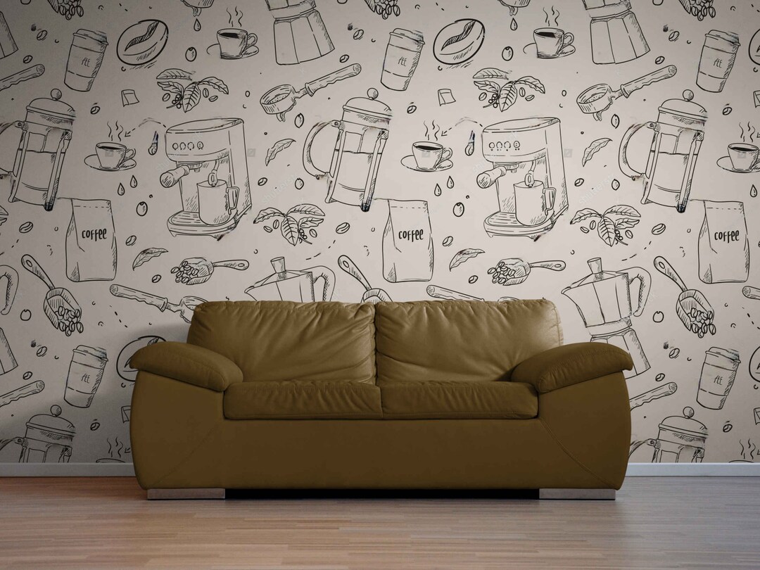Coffee Shop Mural Wallpaper Seamless Pattern Decor Fabric Wall Covering ...