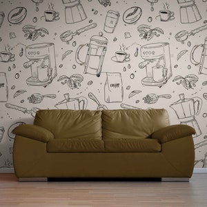 Coffee Shop Mural Wallpaper Seamless Pattern Decor Fabric Wall Covering ...