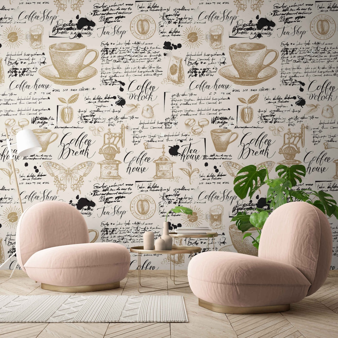 Tea & Coffee Wall Mural Seamless Pattern Wallpaper Peel Stick Decor ...