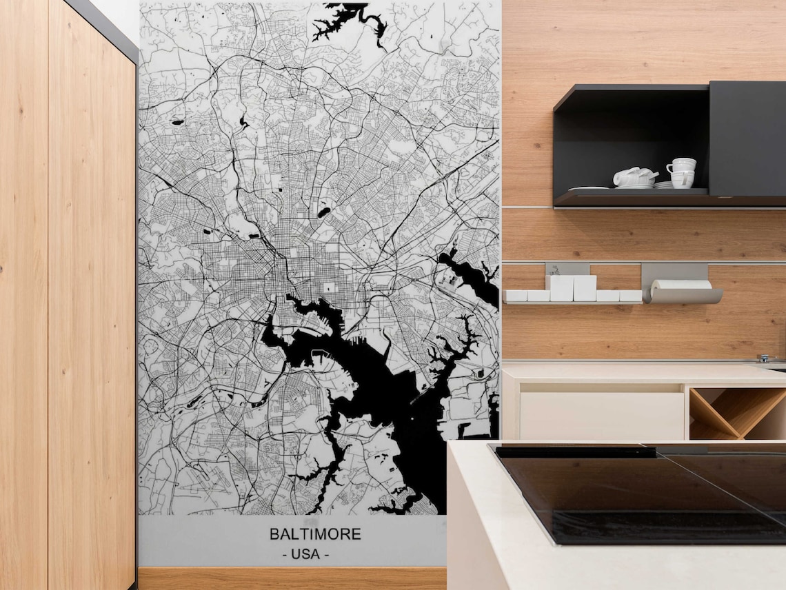 Baltimore Map Mural Wallpaper Wall Art Black and White Map - Etsy