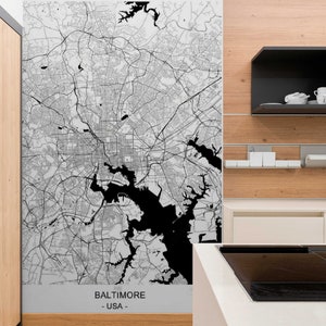 Baltimore Map Mural Wallpaper Wall Art Black and White Map Wallpaper ...