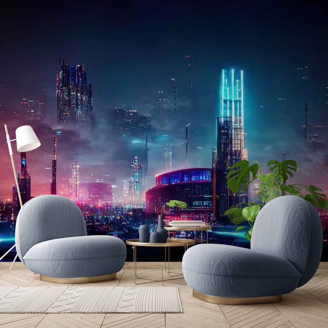 Modern Cyberpunk City Wall Mural, Cyber Art Wallpaper, Self Adhesive ...