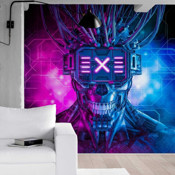 Cyberpunk Wall Mural Graffiti Wallpaper Colorful Skull Robot - Etsy UK