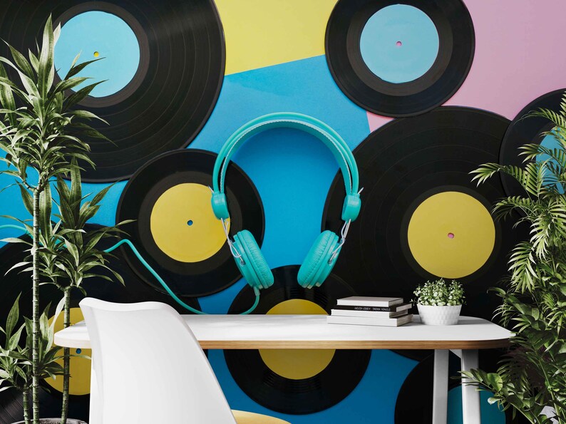 Vinyl Records Wallpaper – Music-themed Wall Mural for Game Room or ...