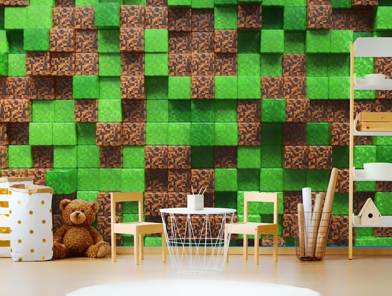 Minecraft Pixel Wallpaper, Green Pixel Photo Mural, Game Room Decor - Etsy