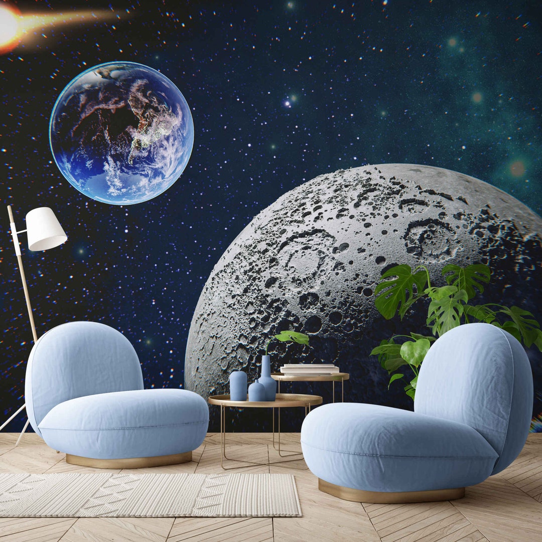 3D Planets Wallpaper: Space-themed Decor With Earth and Moon Design ...
