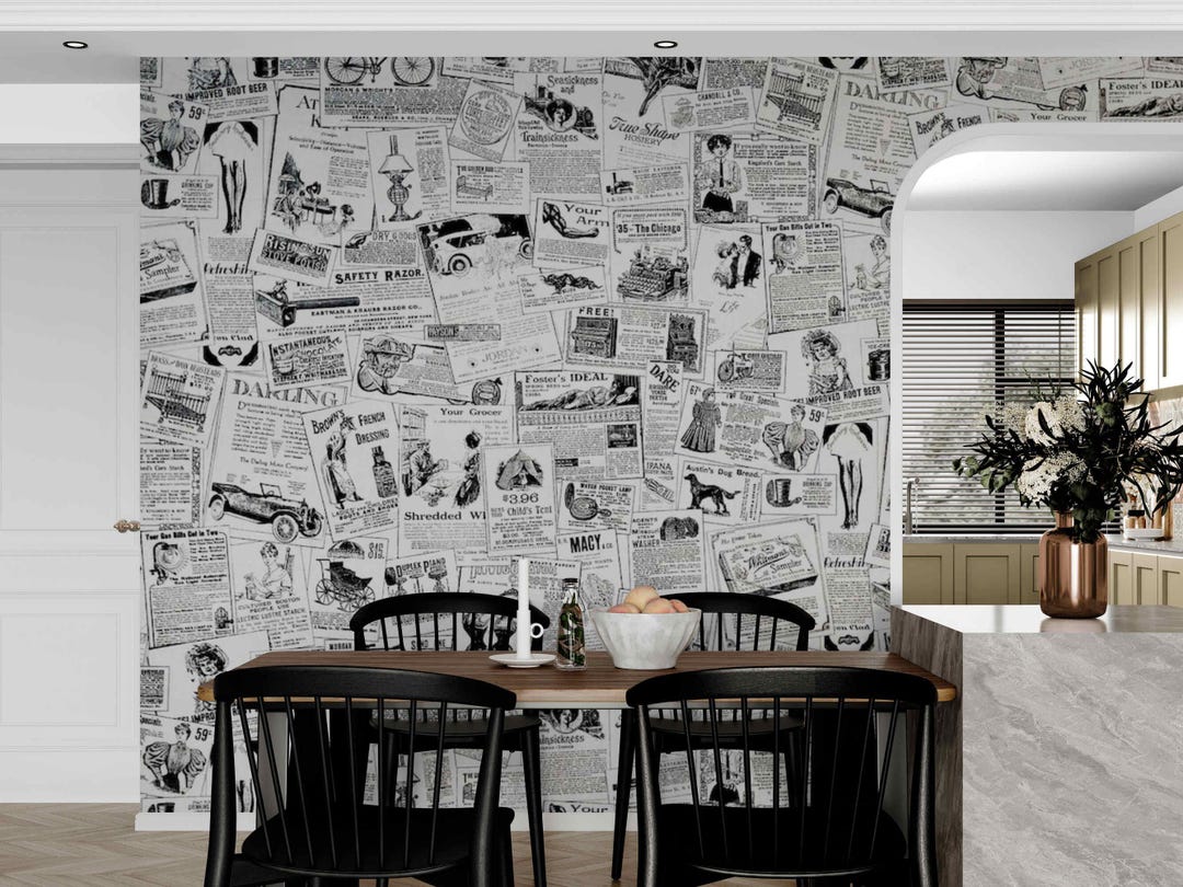 Retro Newspaper Wallpaper Black & White Textured or Peel and Stick ...