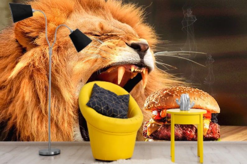 Fast Food Wallpaper Lion Eating BURGER Wall Mural Kitchen | Etsy