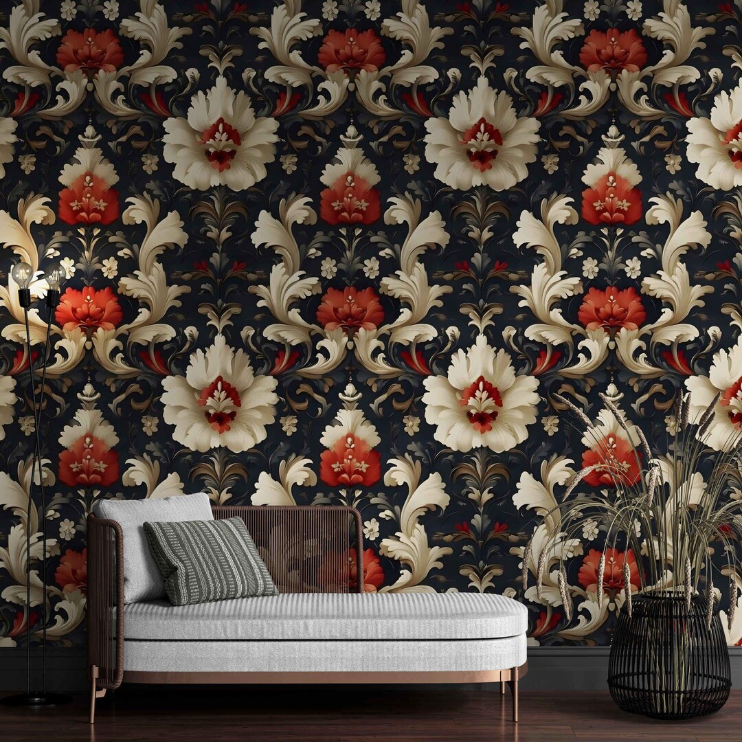 Baroque Floral Wallpaper Mural – Red and Cream Flowers on Dark ...