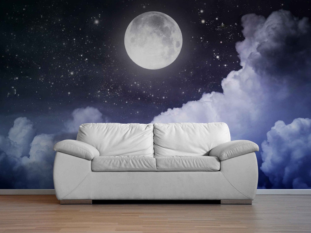 Cloudy Night Sky Wallpaper: Peel and Stick Moon and Stars Wall Mural ...