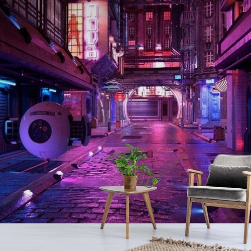 Gaming Room Decor Wall Mural 3D Cyberpunk Wallpaper Neon Peel - Etsy