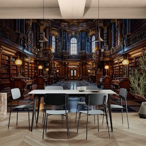 Grand Library, Vintage Bookcase Wallpaper for Walls, Classic Textured ...