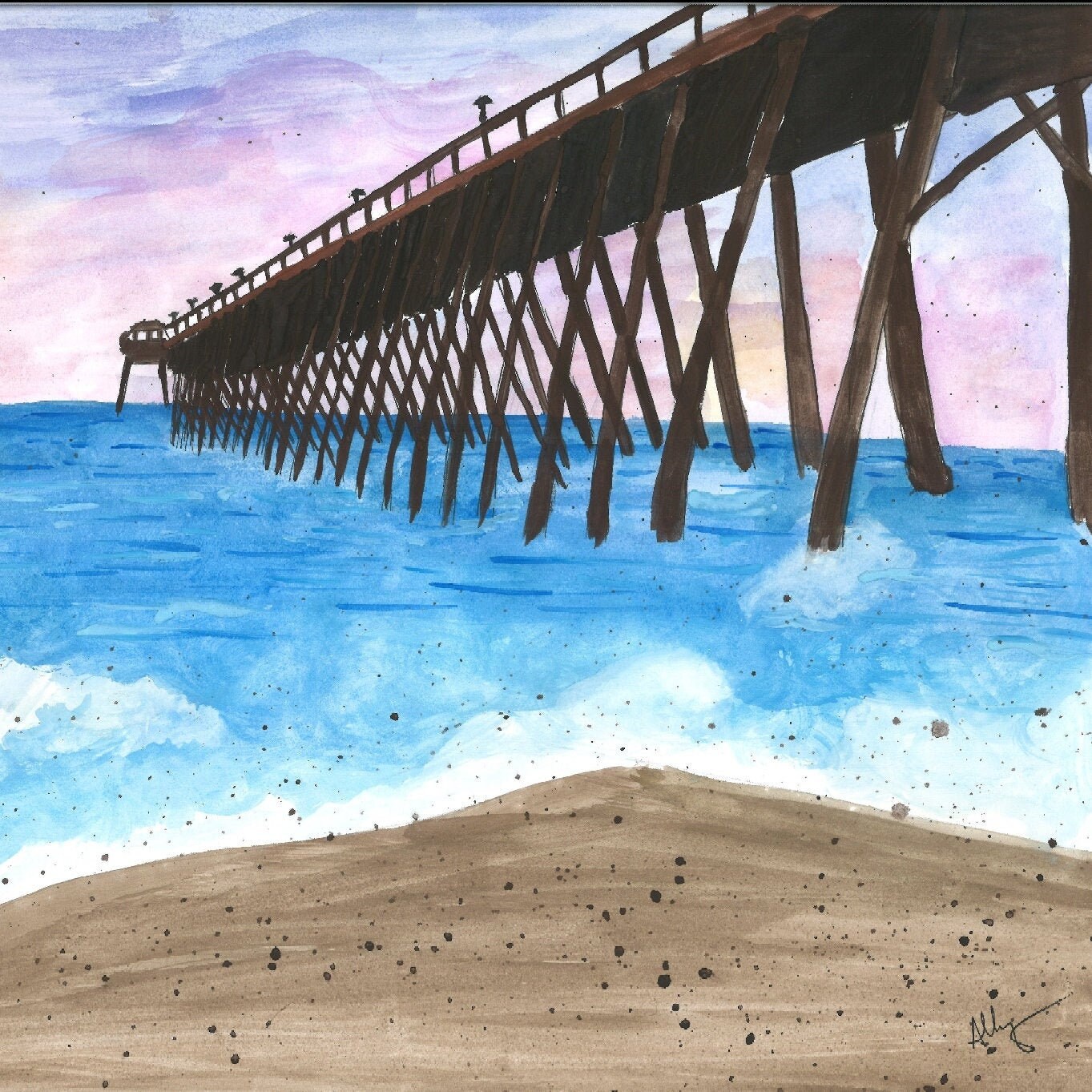 Muelle de la playa en la puesta del agua acuarela digital descargar ...