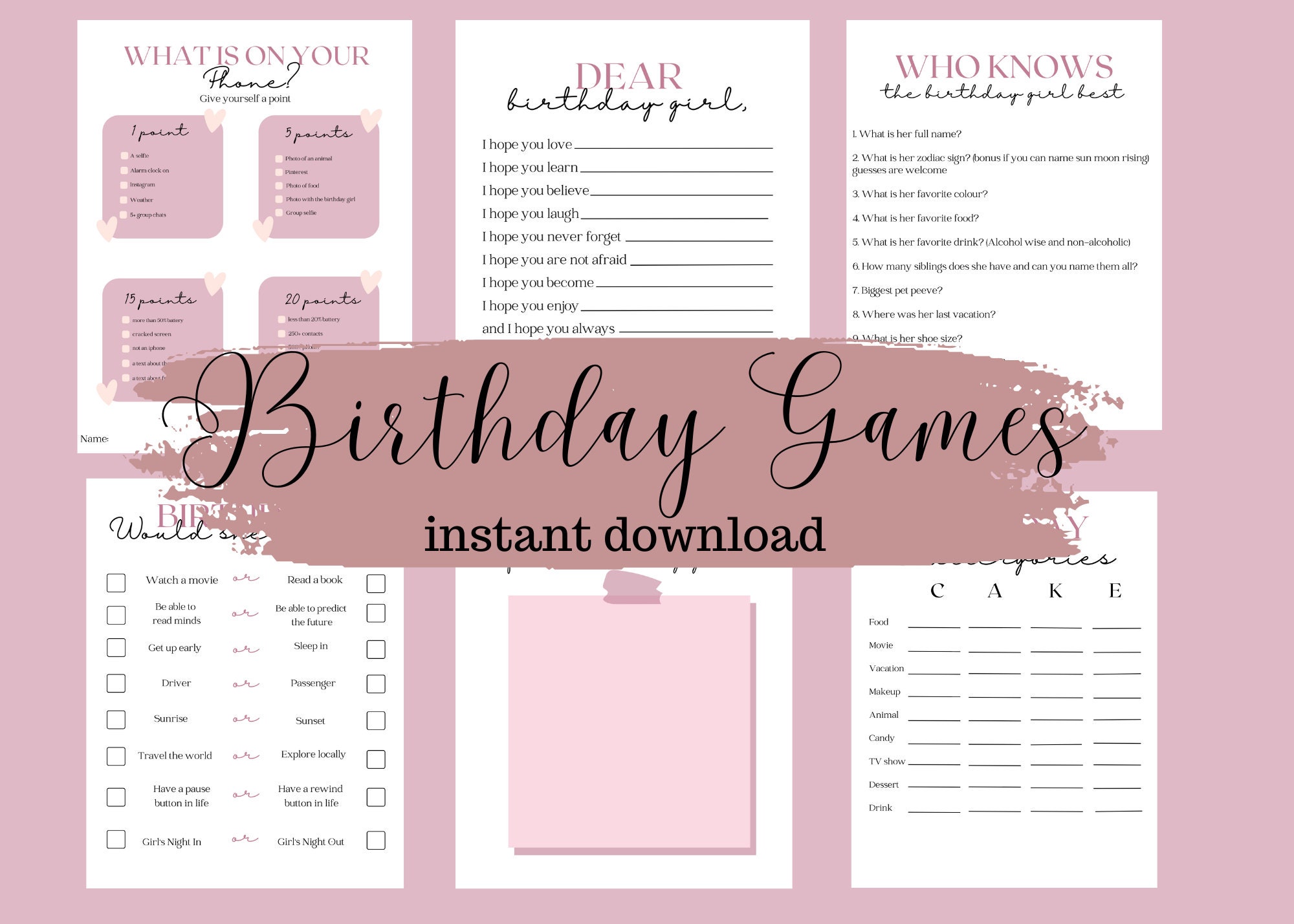 Minimal Pink Birthday Party Game | 6 Bundle Game | Slumber Party ...