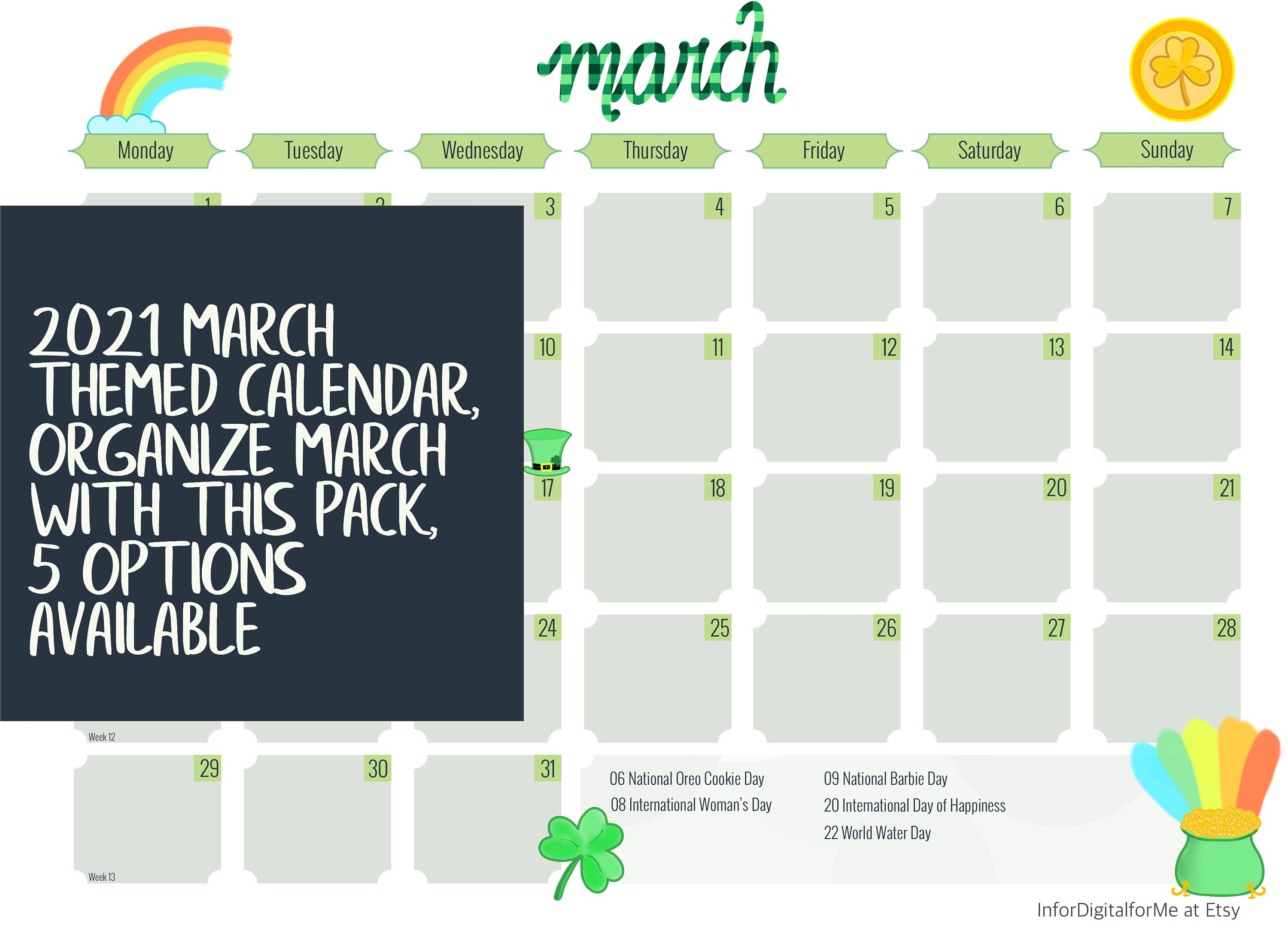 Printable March Calendar Pack. 2021 March Themed Calendar. St. | Etsy