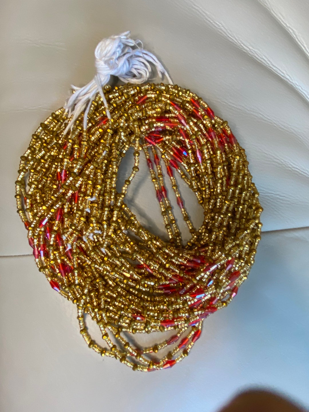 Ghana Waist Beads: Gold & Red Crystal Belly Chain, Weight Tracker - Etsy