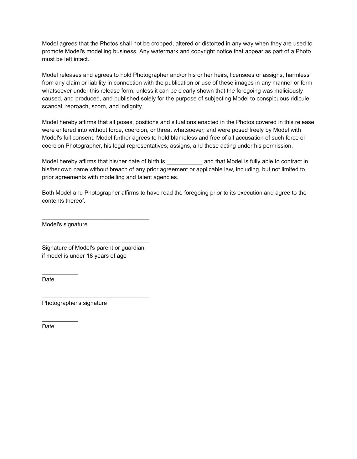 TFP Model Release Form Template - Etsy