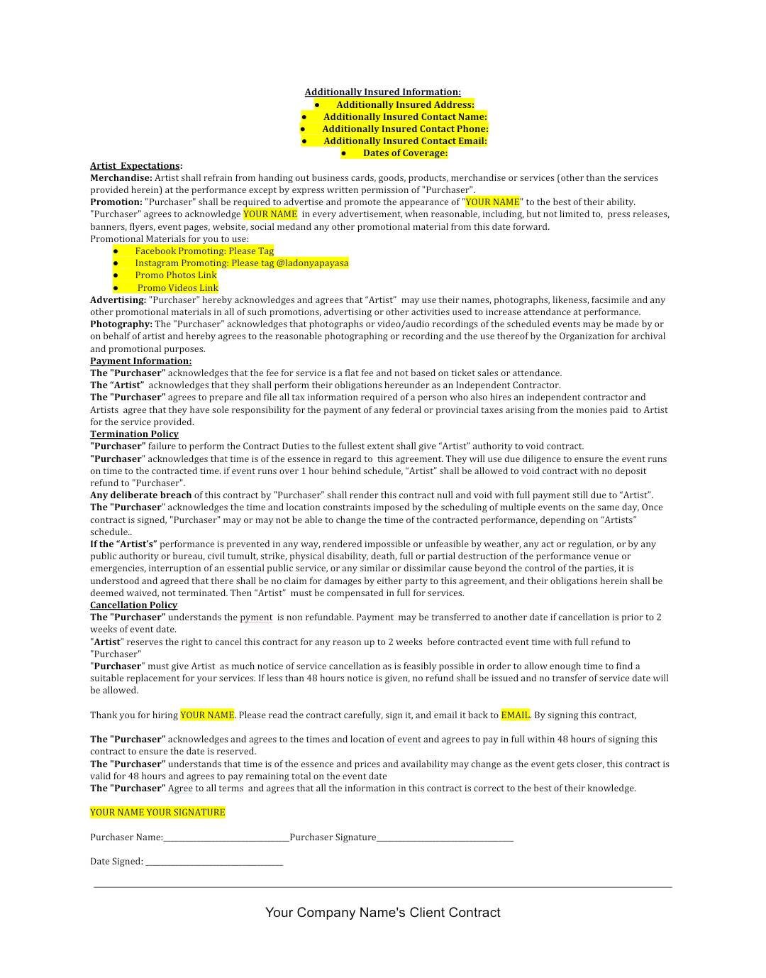 Client Contract Template for Performers - Etsy