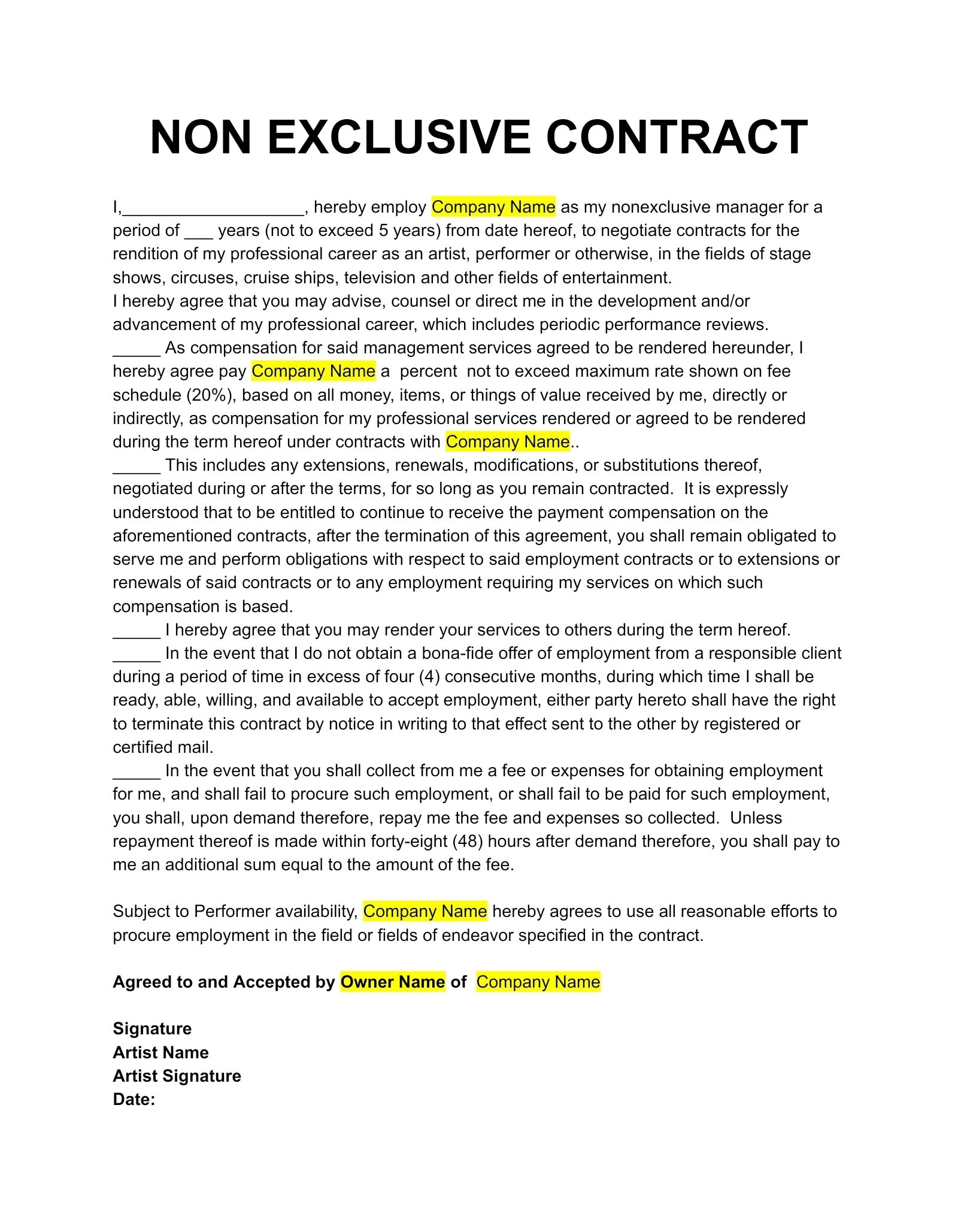Non Exclusive Agreement Template for Performers - Etsy