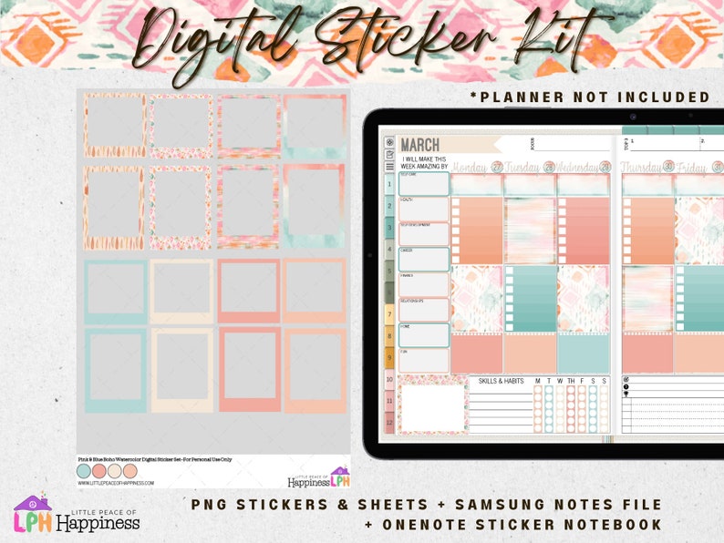 Boho Digital Stickers Pastel Digital Planner Sticker Bohemian Pink Teal ...