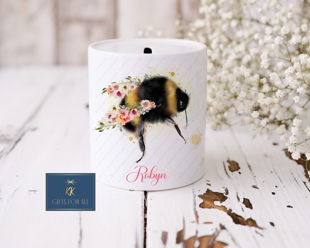 Personalised Floral Bee Money Box, White Ceramic Savings Pot, Child's ...