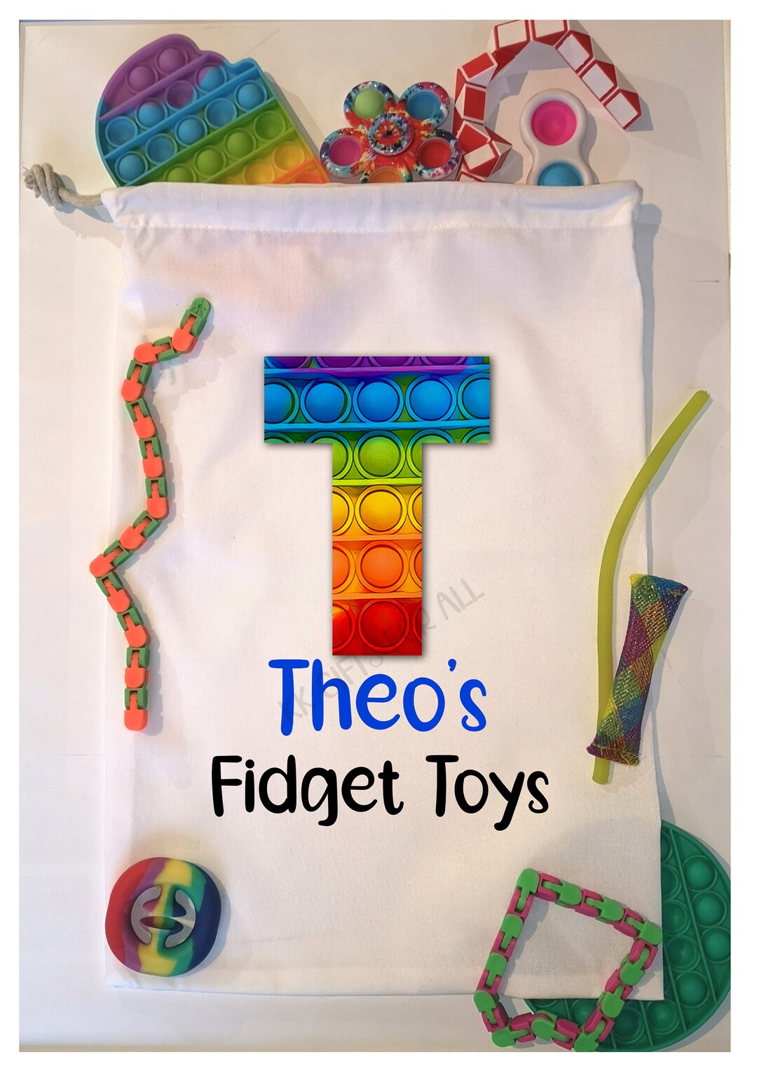 Personalised Fidget Storage Bag, Fidget Design White Drawstring ...