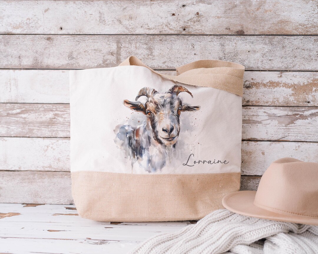 Farm Goat Jute Totebag, Large Canvas Bag, Cottagecore & Farmhouse Style ...